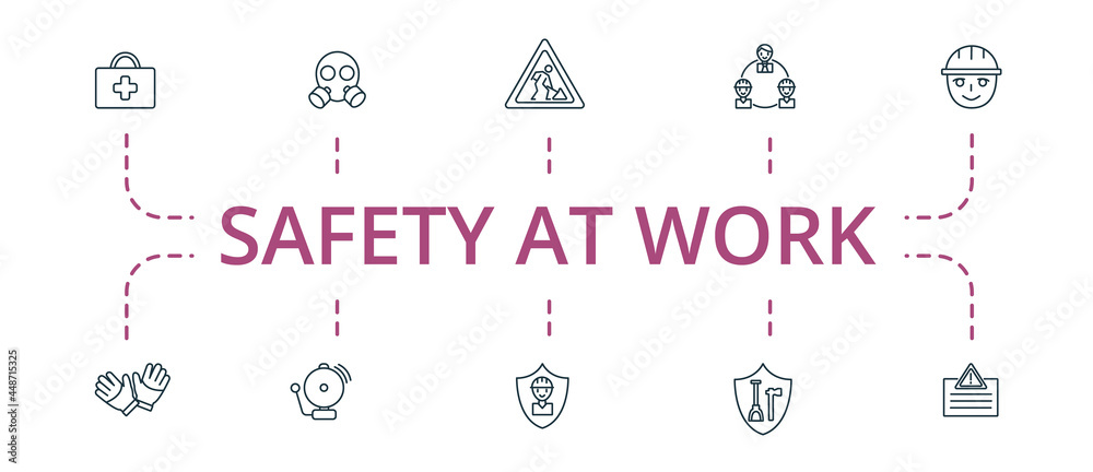 Safety Work icon set. Contains editable icons theme such as alarm, work ...