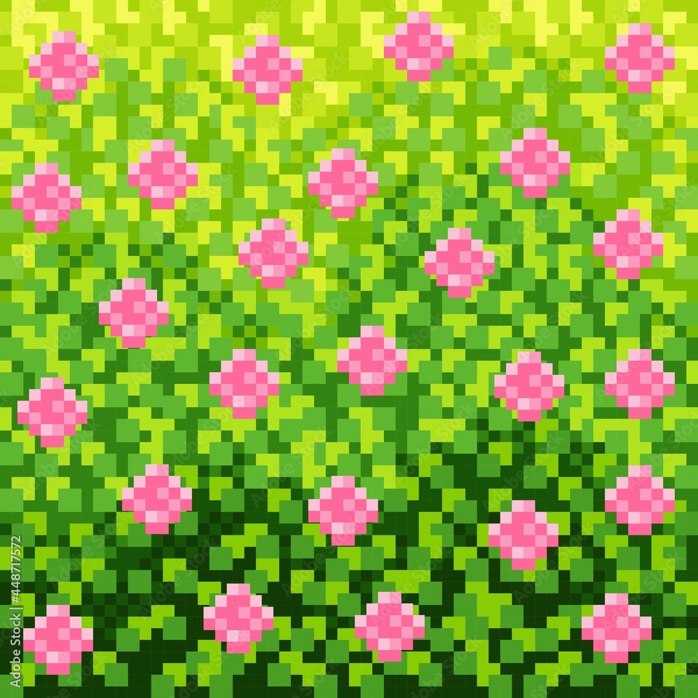 Grass texture pixel art. Vector picture. Bush texture pixel art. Rose ...