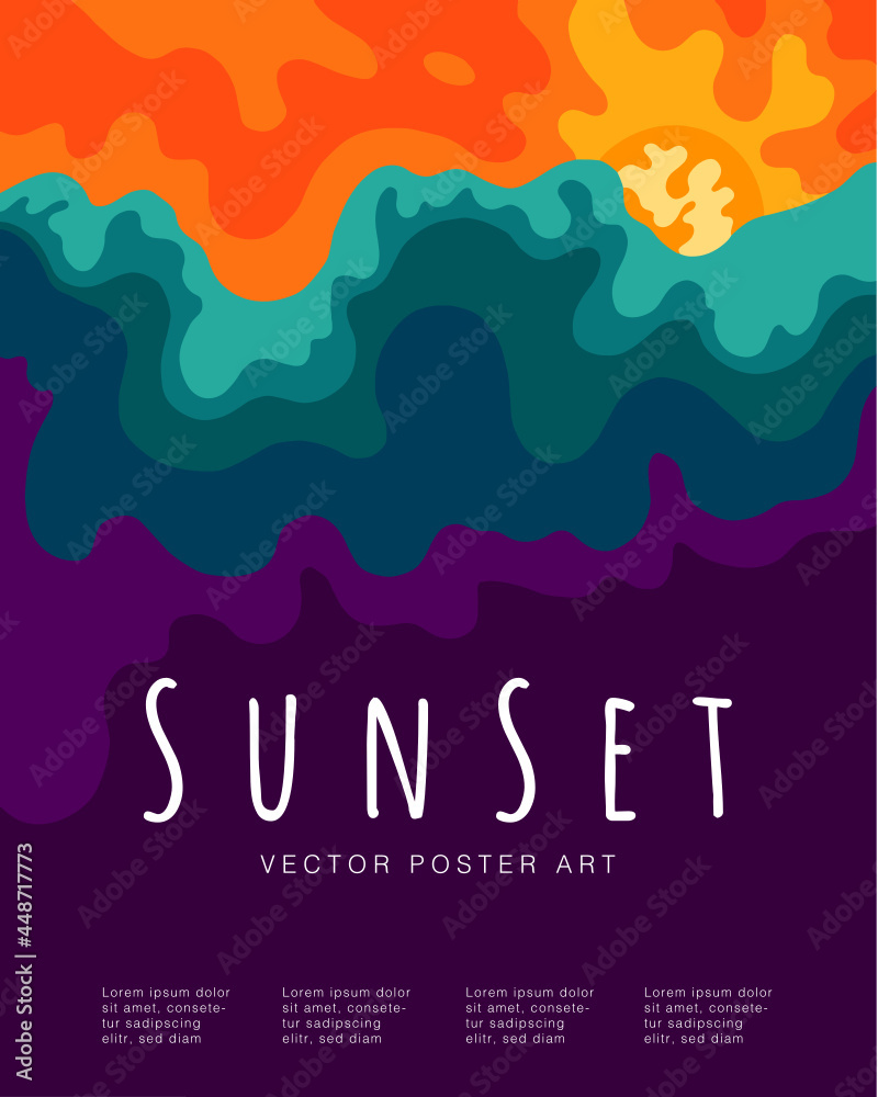 Sunset. Sunrise. Nature. Modern flat vector poster illustration of ...