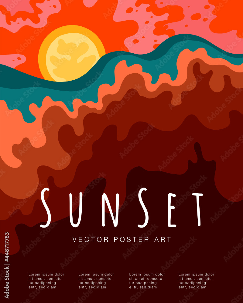 Sunset. Sunrise. Nature. Modern flat vector poster illustration of ...