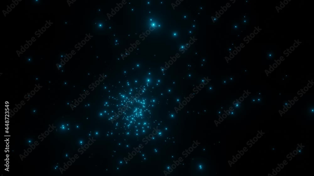 Glowing blue particles flying towards camera. Starfield simulation or ...