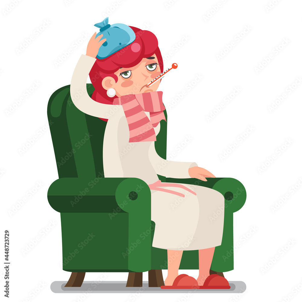 Sick ill female week sit armchair cold virus flu disease illness ...