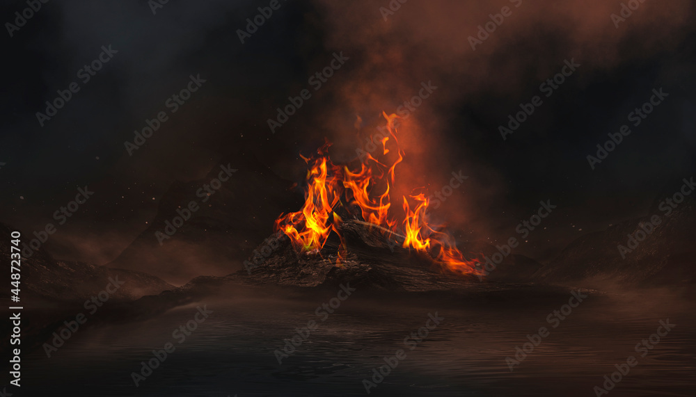 Fantasy futuristic night landscape with abstract mountains. Night fire ...