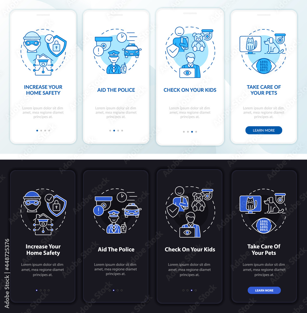 Home safety onboarding mobile app page screen set. Pets observation ...