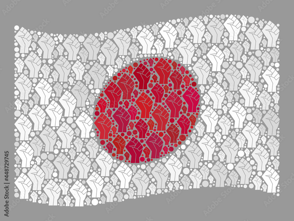 Mosaic waving Japan flag designed with riot hand icons. Conflict fist ...