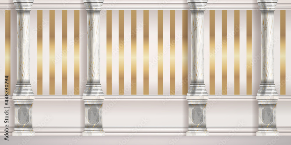Marble roman pillar background, vector palace wall, golden stripe ...