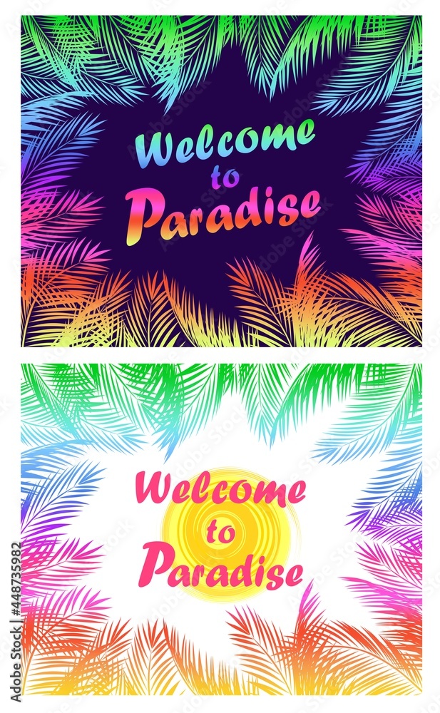 Summery poster variation with colorful fan-leaved palm branches frame ...