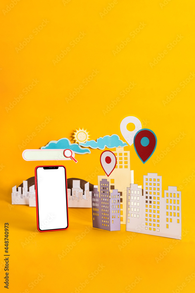 Mobile phone with search bar. Web search concept. Urban location ...