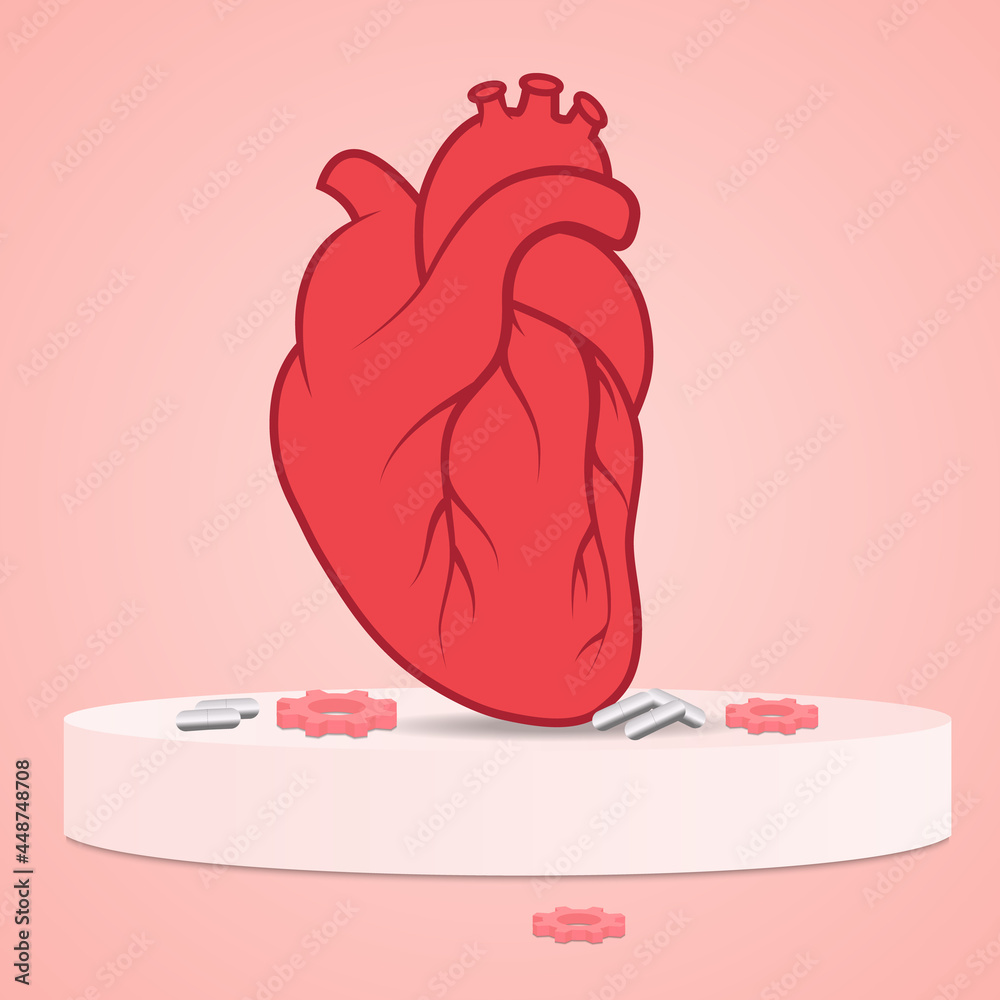 The symbol of the human heart, gears and pills on the stand. Heart ...