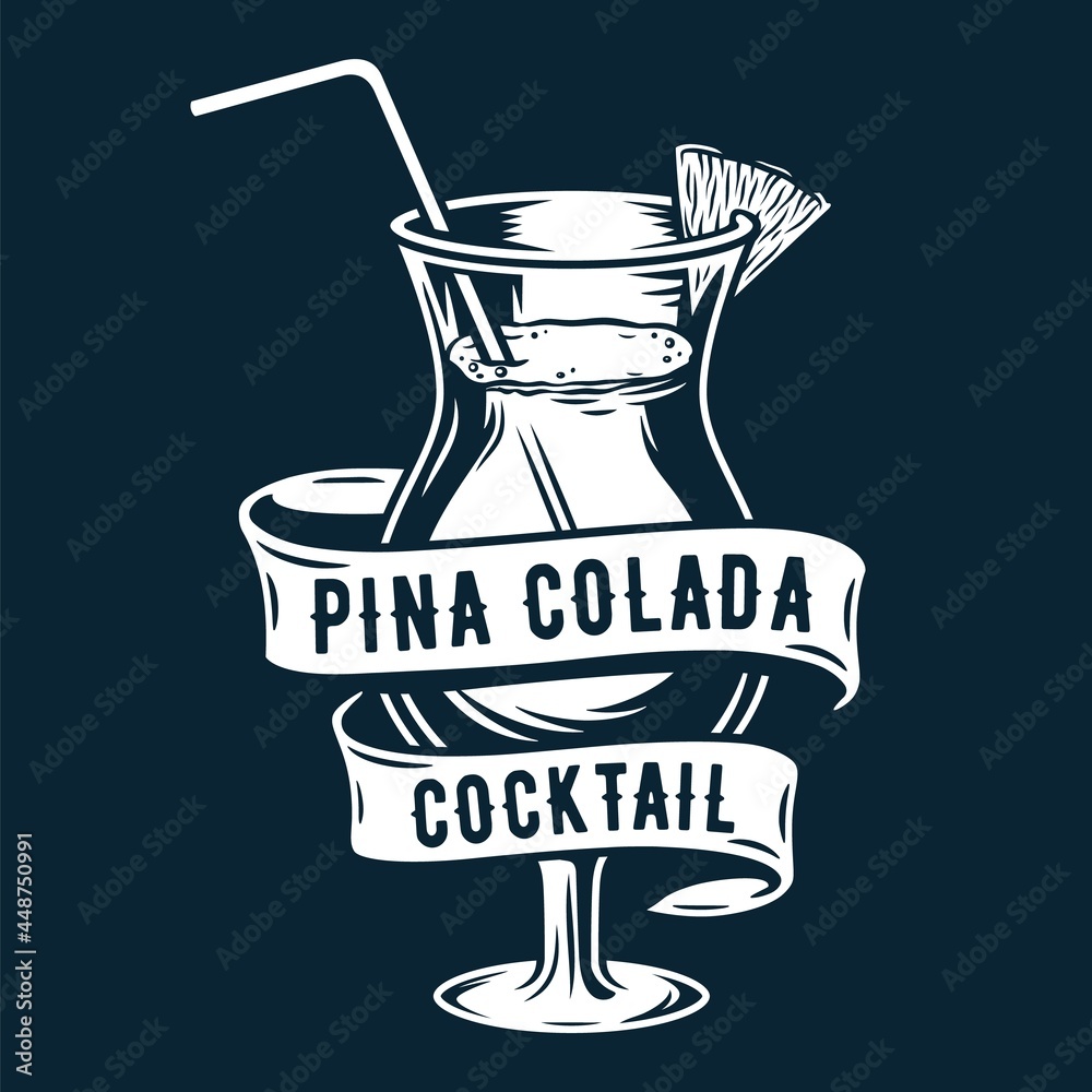 Cocktail pina colada with pineapple and straw. Monochrome alcohol ...