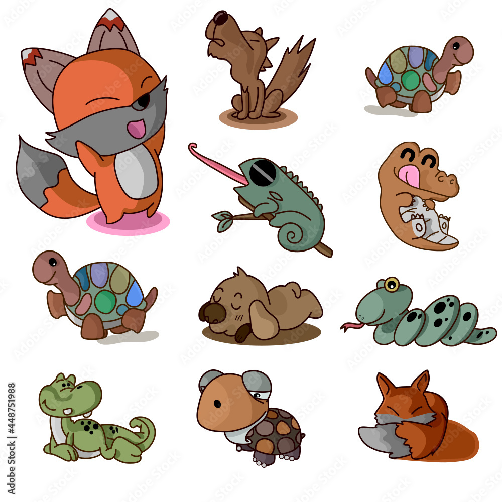 Cute animal comics vector on white background concept, turtle, dog, fox ...