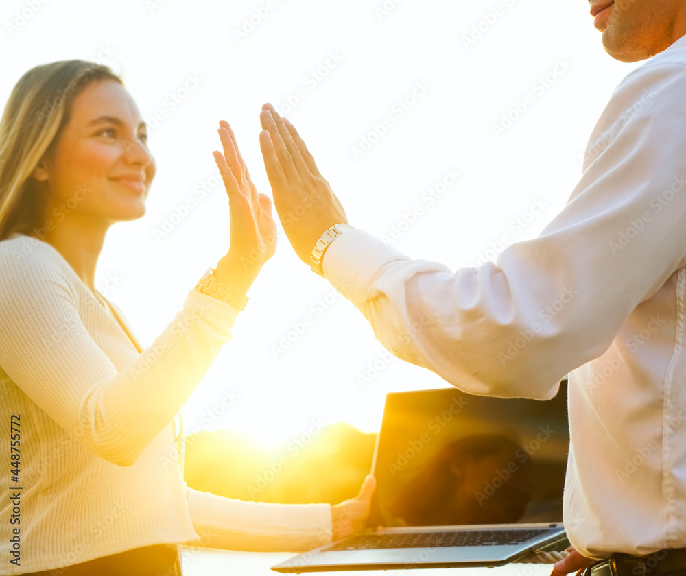 business People and agreement concept.happy woman and man clap their ...