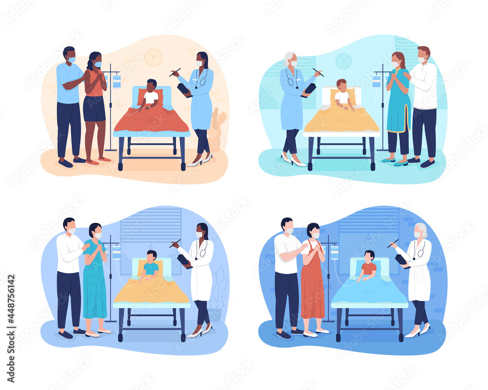 Providing sick children with medical care 2D vector isolated ...