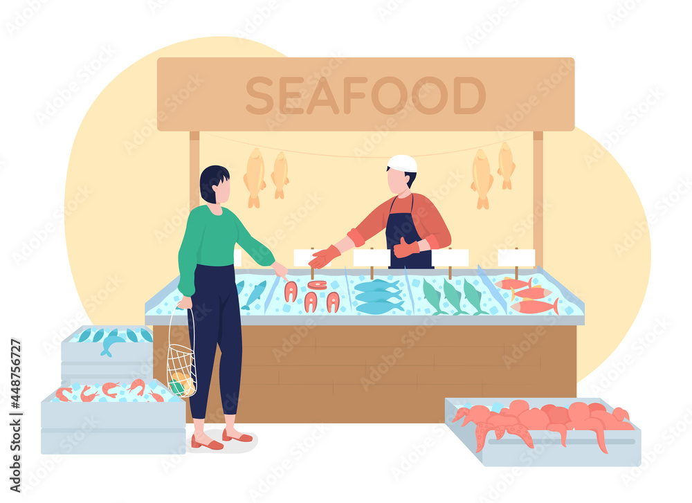 Seafood stall with frozen production 2D vector isolated illustration ...