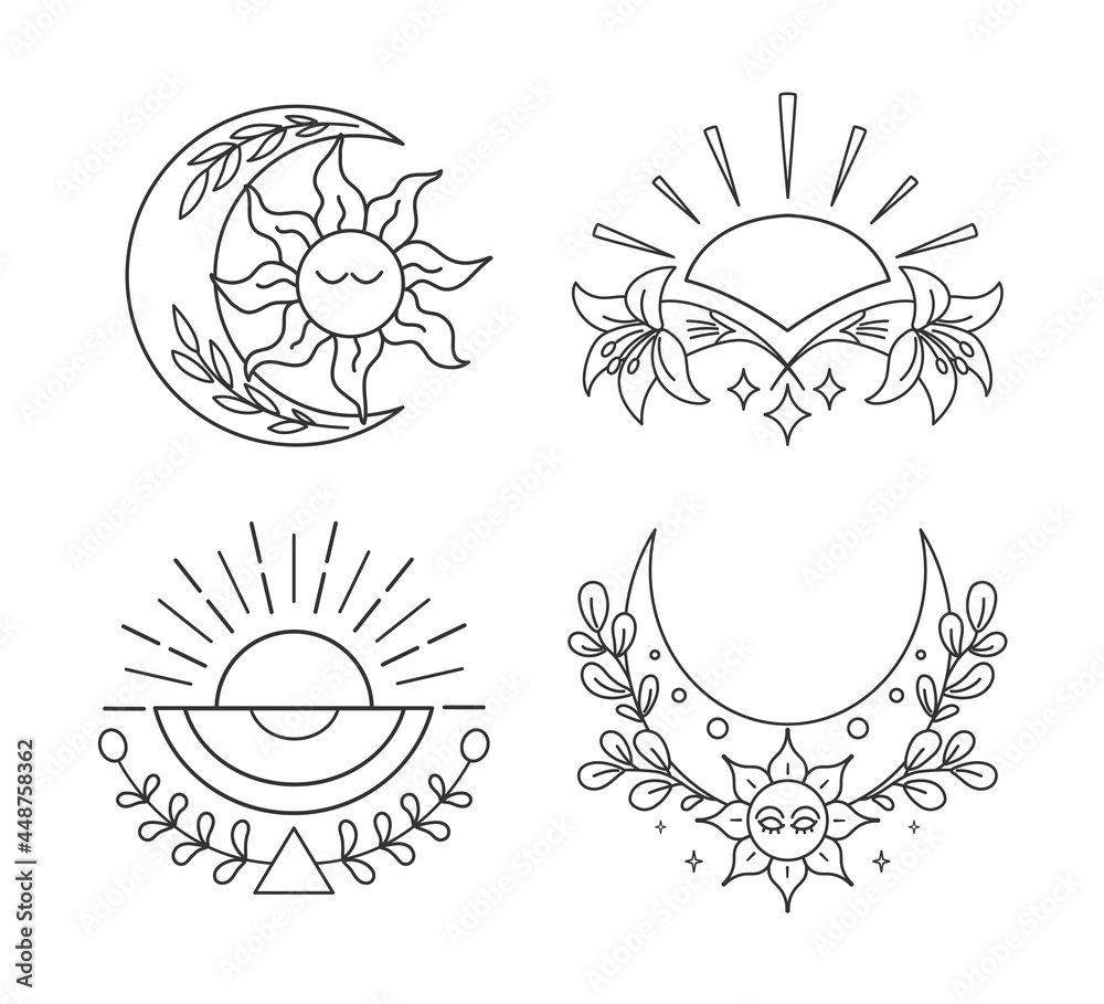 Celestial sun and moon. Boho signs set. Outline drawing. Vector ...