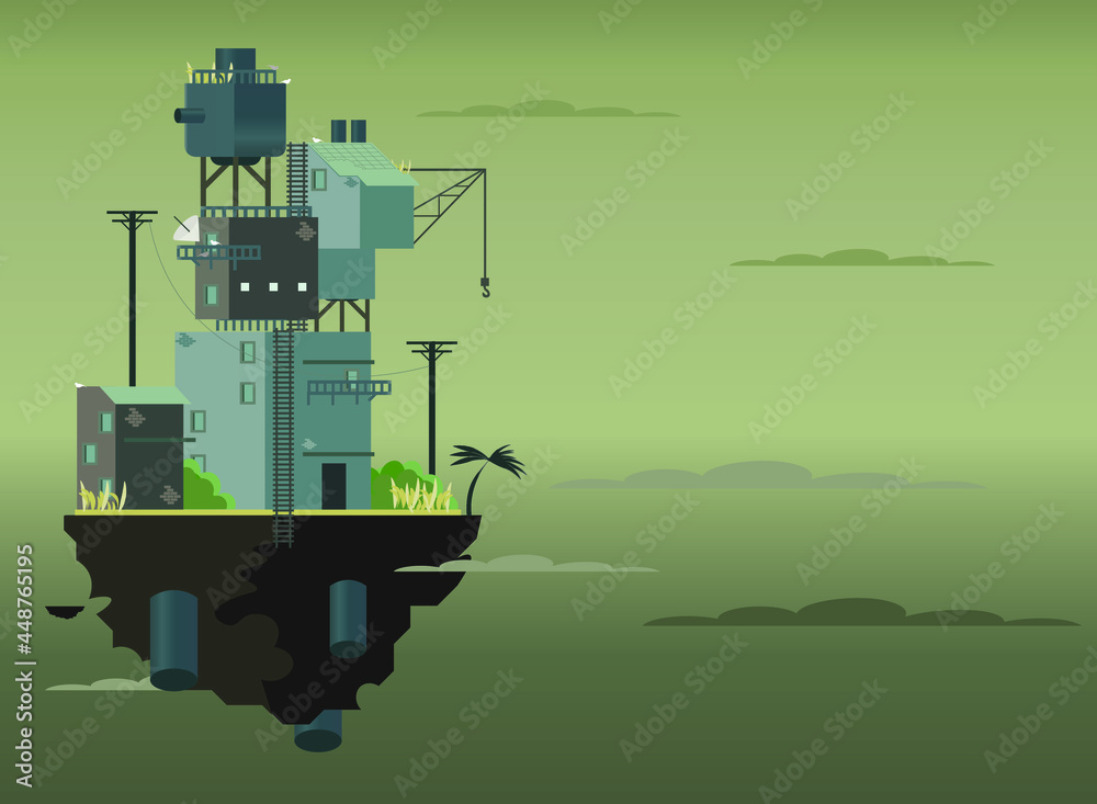 Vector illustration of a dystopian industrial town on a floating island ...
