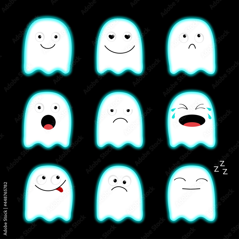 Cute ghost set. Emoji icon. Happy Halloween. Emoticons. Funny kawaii ...