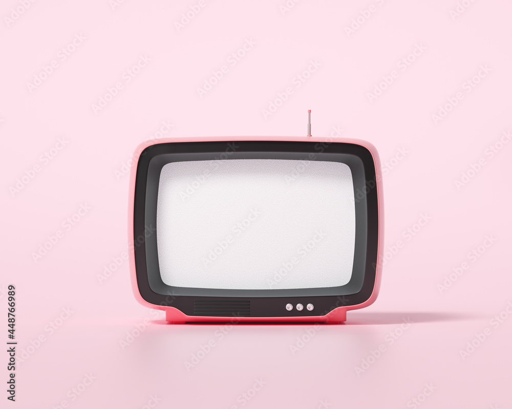3d pink retro television on pink background, vintage old tv receiver ...