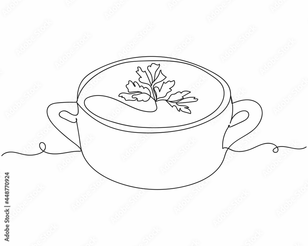 Continuous one line of soup in silhouette on a white background. Linear ...