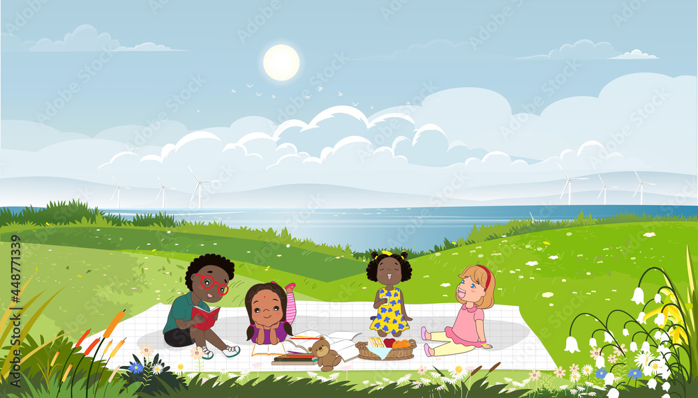 World book day with kids sitting reading book having picnic and playing ...