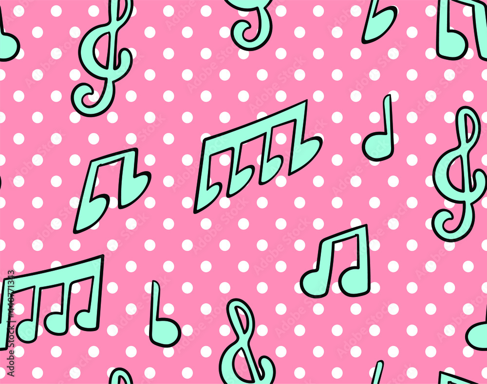 Vector seamless pattern with hand drawn music notes in pop art and ...