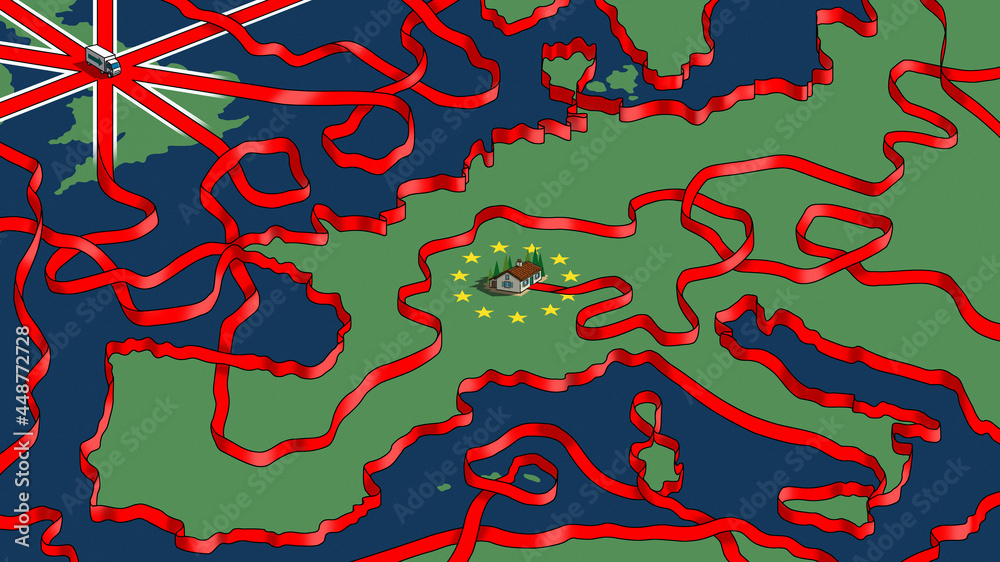 Lorry from UK approaching map of Europe covered in red tape Stock ...