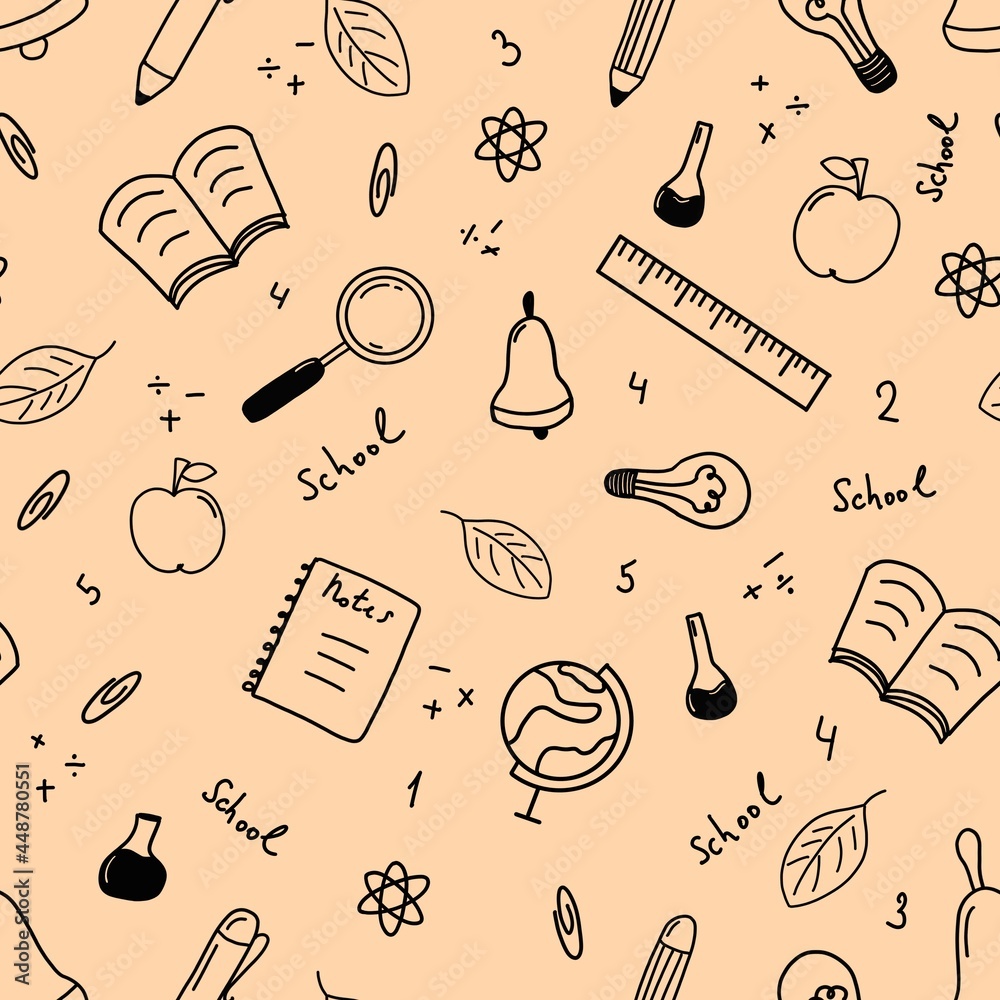 Seamless linear pattern with school subjects. . The illustration is ...