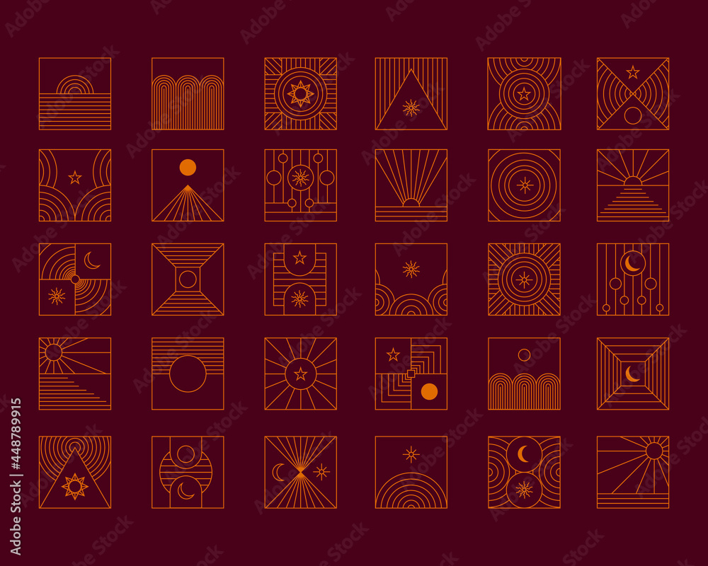 boho illustration in a square. a set of square illustrations from lines ...