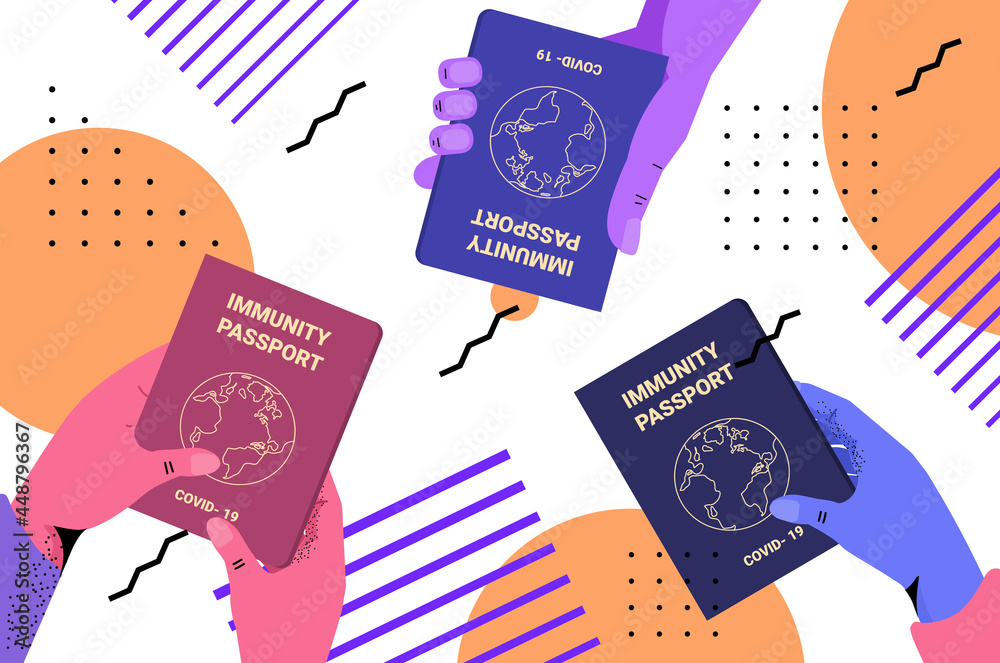 human hands holding global immunity passports risk free covid-19 re ...
