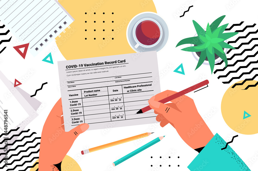 doctor hand signs covid-19 vaccination record card global immunity ...