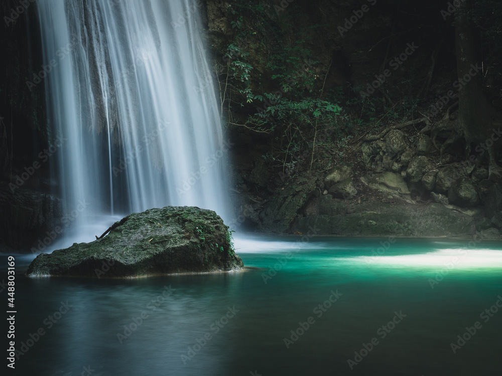 Stunning Waterfall Smooth Stream, Sunbeam And Turquoise Pond. Erawan ...