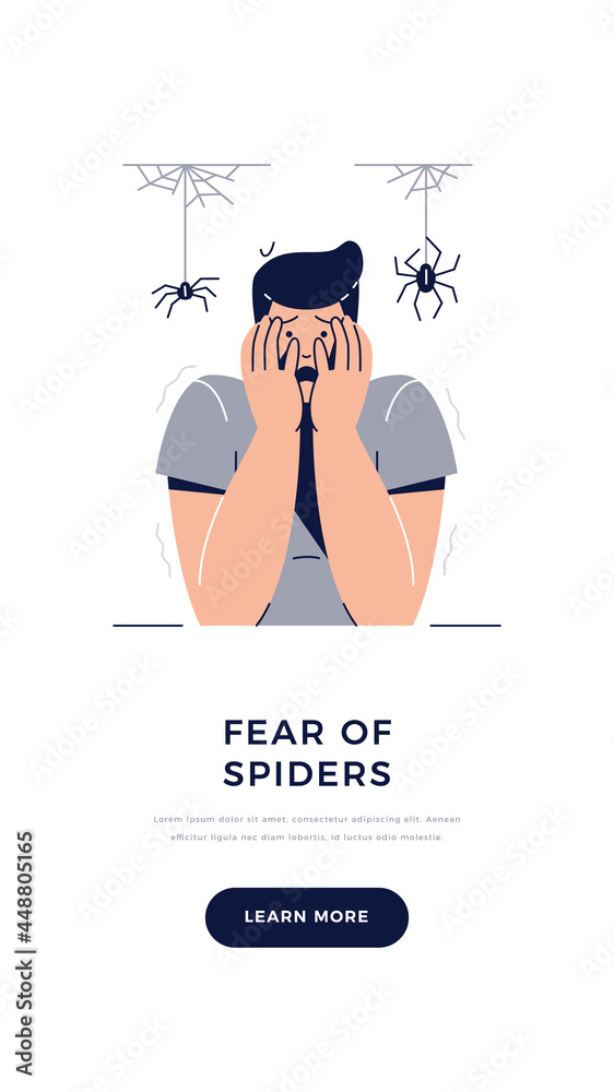 Fear of Spiders, Arachnophobia banner. Scared Frightened Man Character ...
