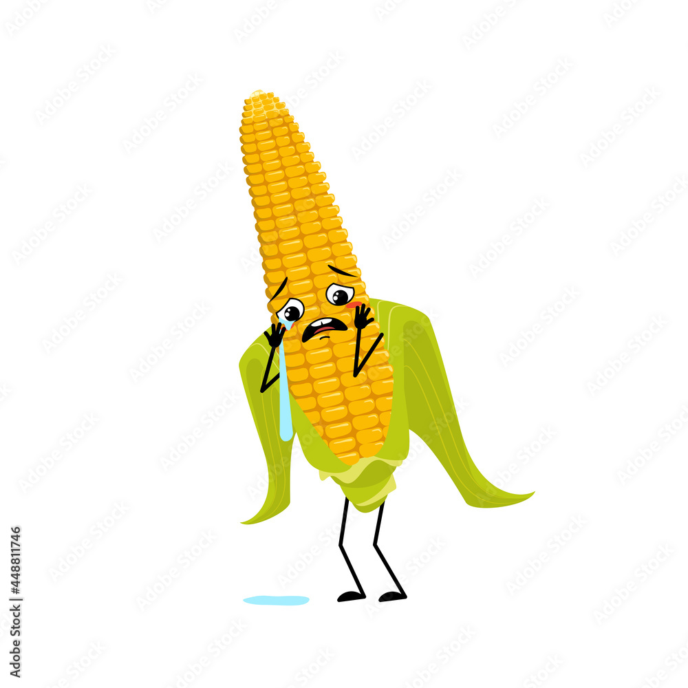 Cute corn cob character with crying and tears emotion, sad face ...