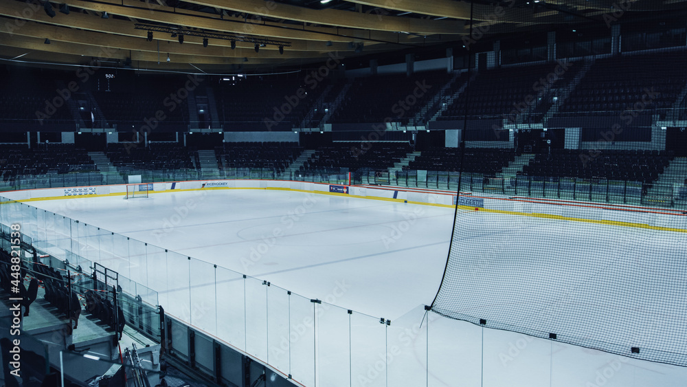 Empty Professional Ice Hockey Arena with Turned on Lights. Big Rink ...