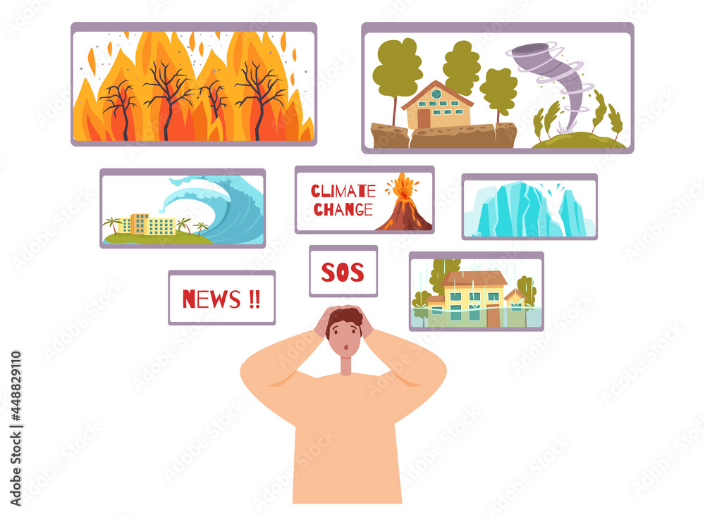 Climate change concept background flat, cartoon vector. World disasters ...