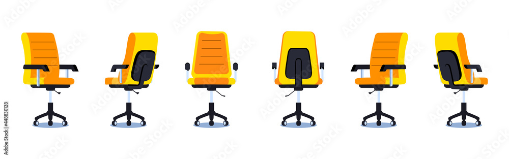 Office chair in front, side and back angles. Armchair set in various ...