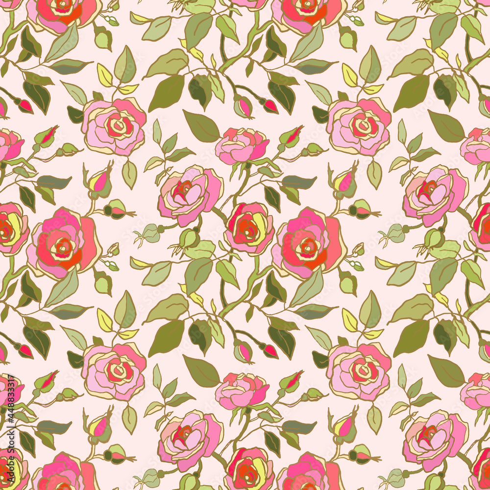 Cute floral pattern of pink roses flowers. Seamless print with garden ...