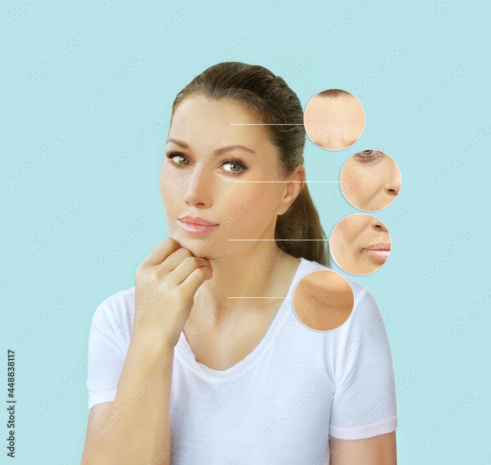 Aging. Mature woman-young woman.Face with skin problem.Showing photos ...