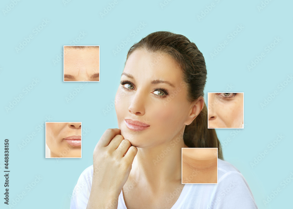 Aging. Mature woman-young woman.Face with skin problem.Showing photos ...