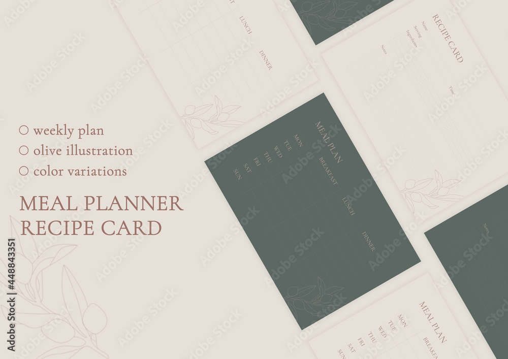 Weekly meal planner and a recipe card with line olive illustration. A4 ...