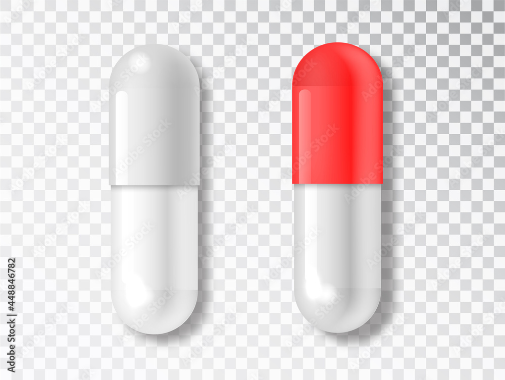 Capsule pill isolated on transparent background. White and red pills ...