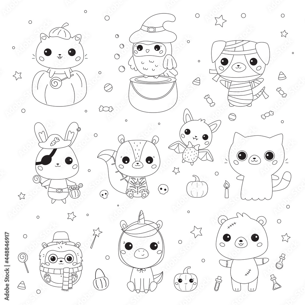 Vector set of animals in Halloween costumes. Coloring page for ...