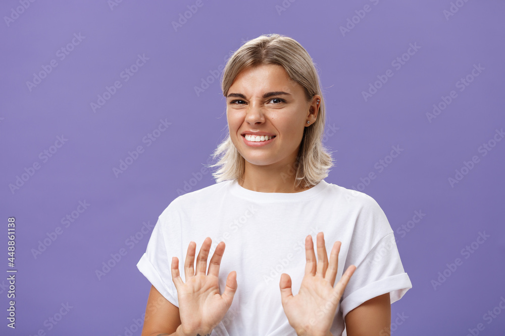 Nah no thanks. Unimpressed cute stylish woman unwilling accept offer ...