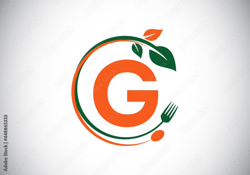 Initial G monogram alphabet with a fork, spoon, and leaf. Healthy ...