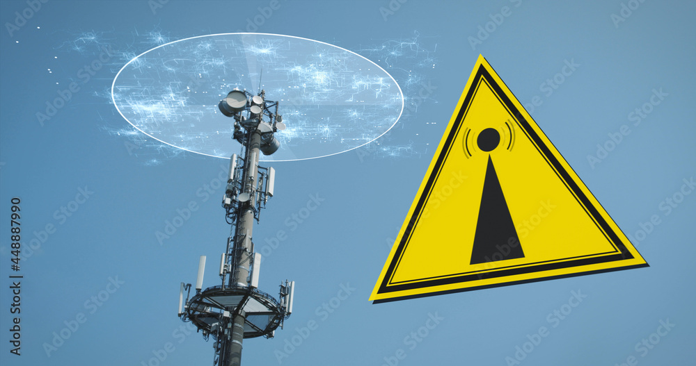 EMF Warning Sign and a 5G tower causing radiation under a blue Stock ...