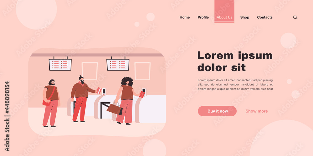 Passengers standing with tickets in line at automatic fare gate ...