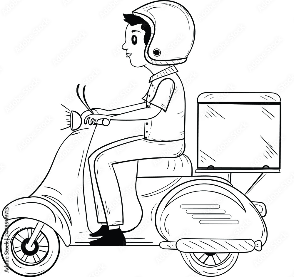 Food Delivery Man Riding A Scooter Vector Illustration Black And White