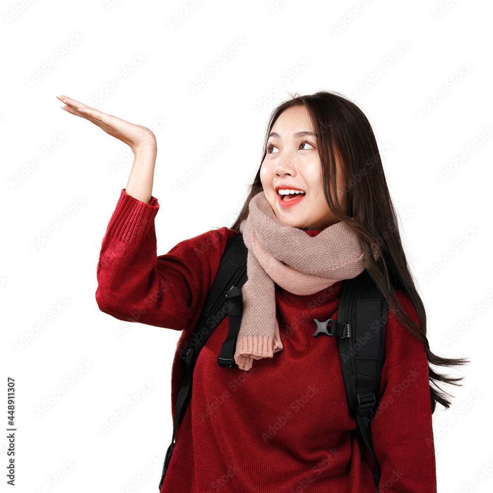 Asian tourist woman backpacker, Winter outfit wear red sleeves and pink ...