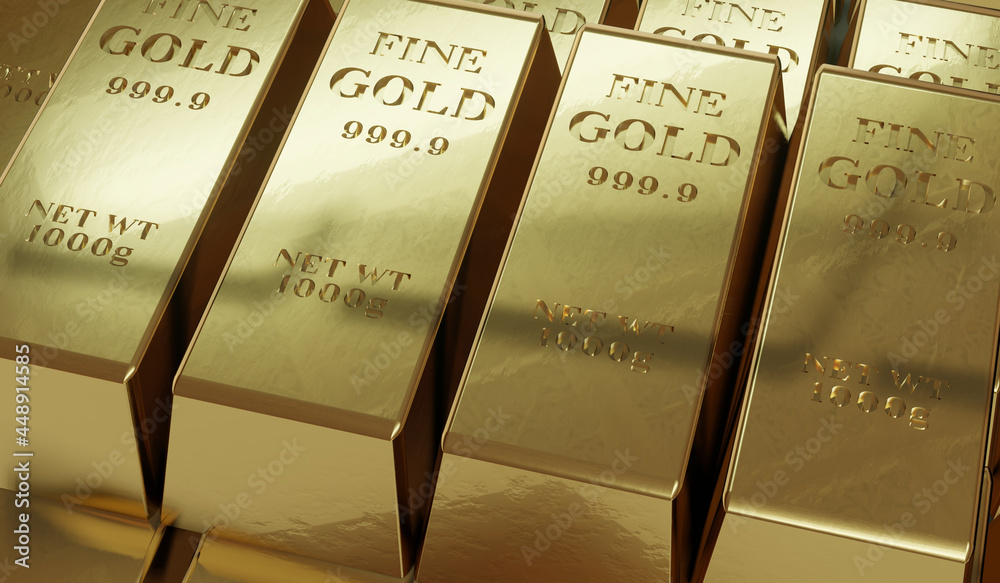 Pile of arranged gold bars of 1000g net weights Stock Photo | Adobe Stock