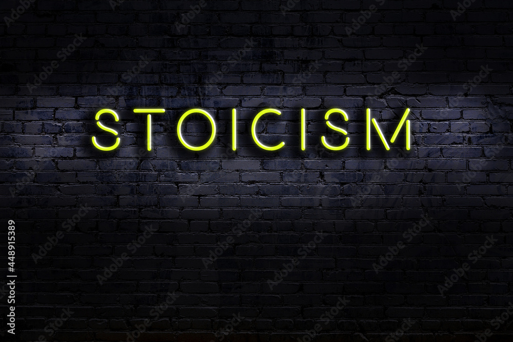 Neon sign. Word stoicism against brick wall. Night view Stock ...